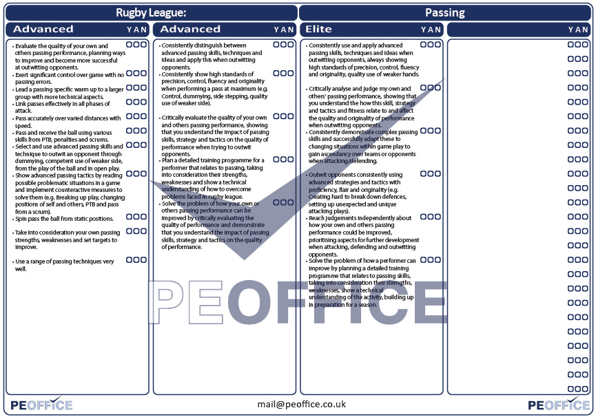 Rugby League Passing Assessment Sheet – PE Office